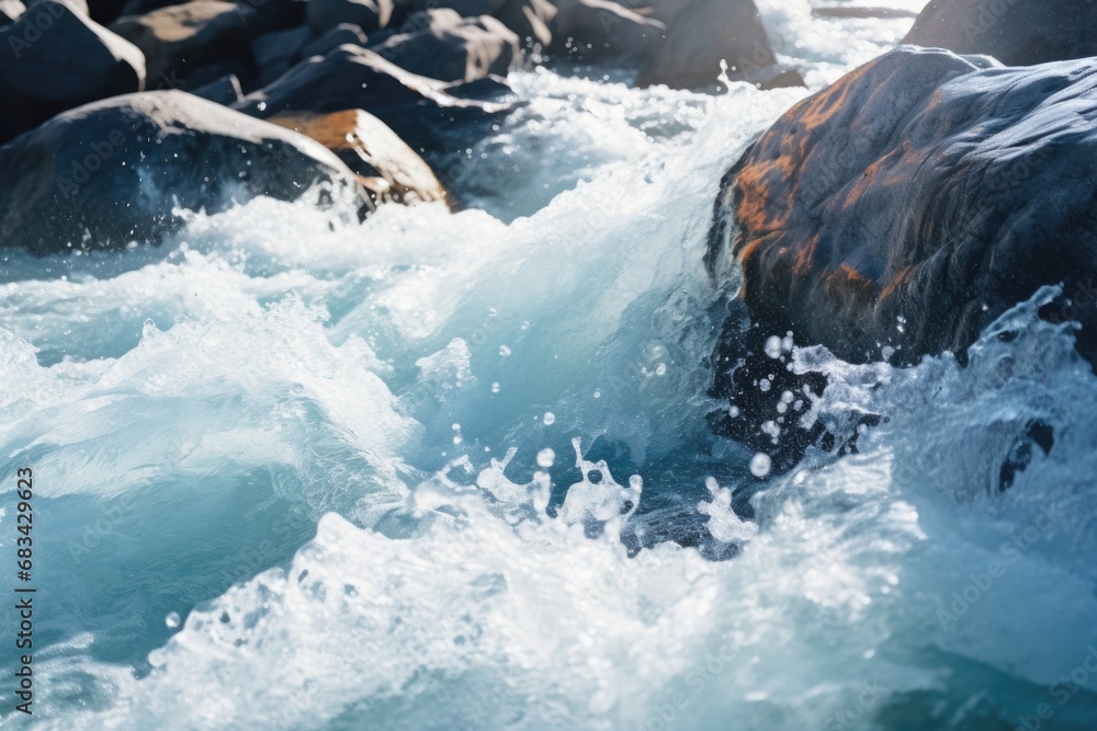The picture captures the dynamic movement of water rushing over rocks ...