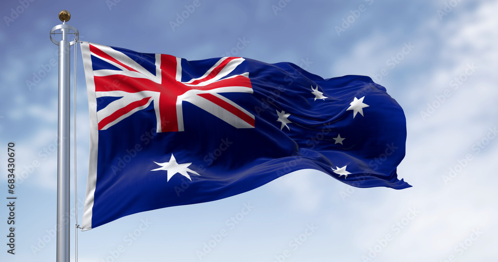 Three Australia national flags waving in the wind on a clear day Stock ...