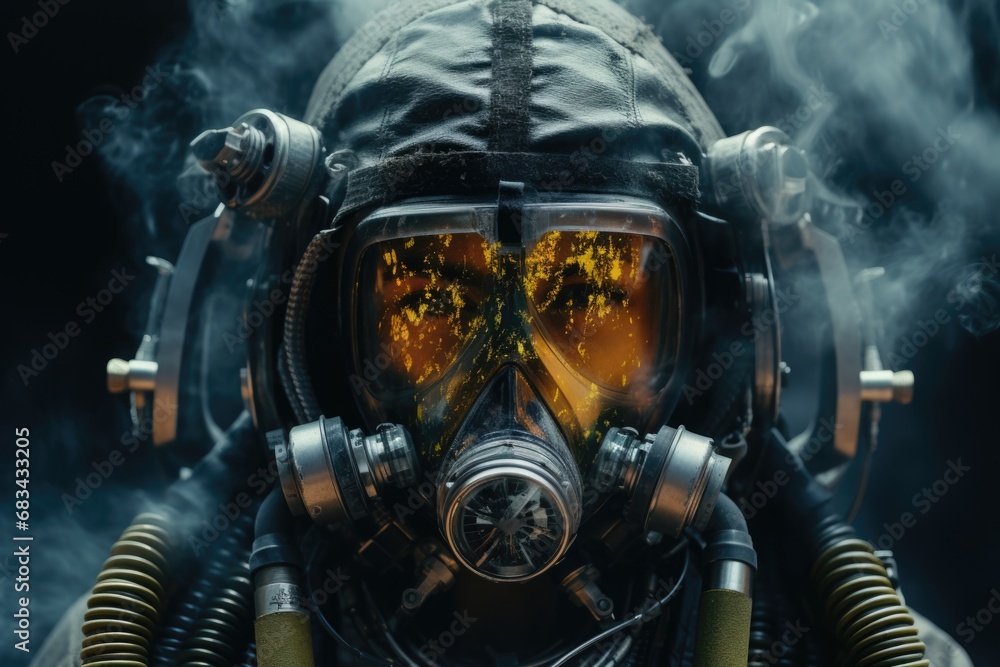 A man wearing a gas mask and goggles. This image can be used to depict ...