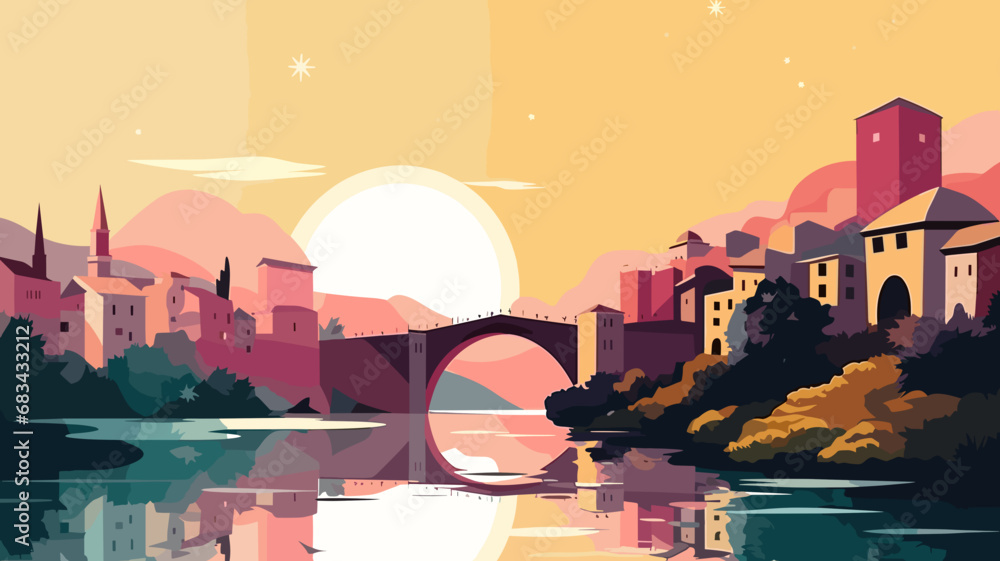copy space, simple vector illustration, famous bridge in Mostar in the ...