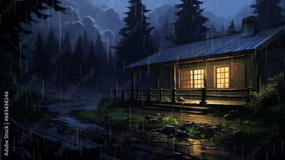 lofi cozy cabin in the woods with rain. seamless looping virtual time ...