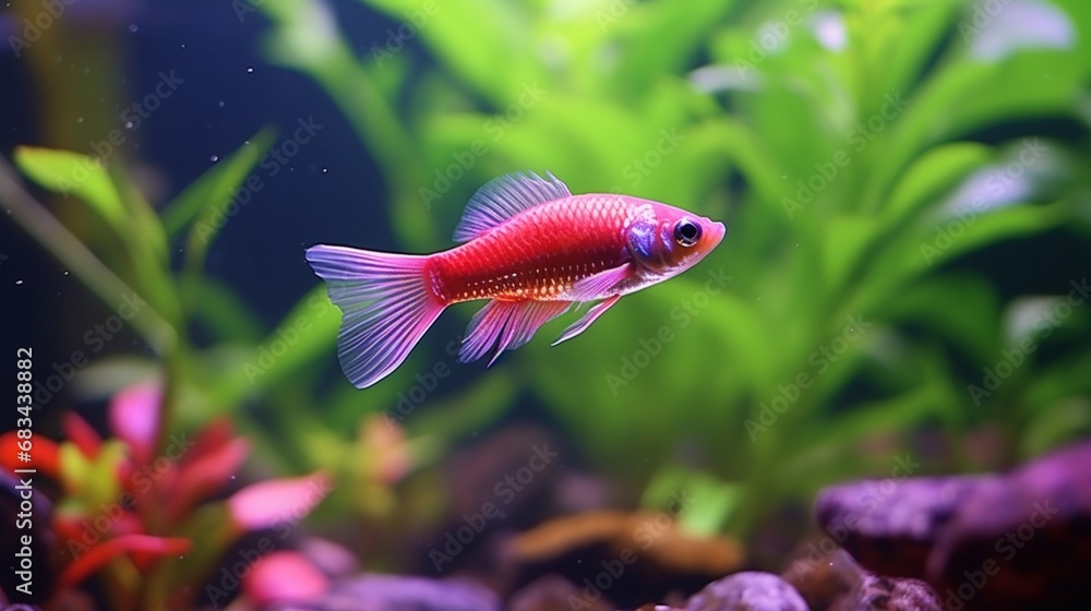 A Cherry Barb swimming gracefully in a lush, densely planted aquarium ...