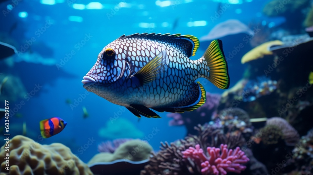 A Blue Jaw Triggerfish (Xanthichthys auromarginatus) exploring a ...
