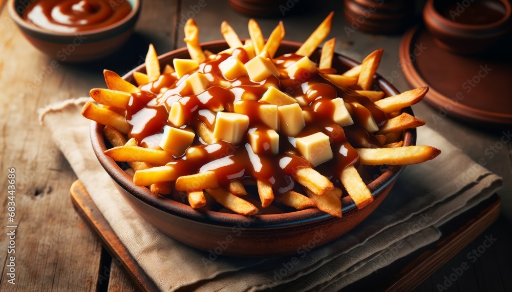 Classic Canadian Poutine, a delicious dish of crispy fries topped with ...
