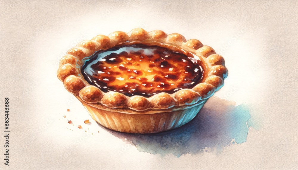 Watercolor illustration of a Canadian Butter Tart, showcasing a flaky ...