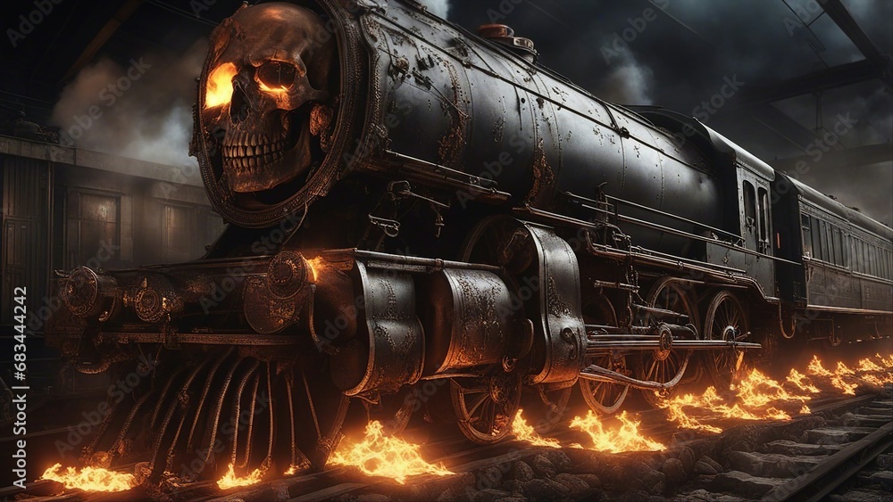 steam locomotive at night A human skull on a fiery train. A long and ...