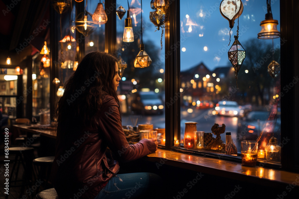 vibrant a scene that the charm of a cafe's window view during a rain ...