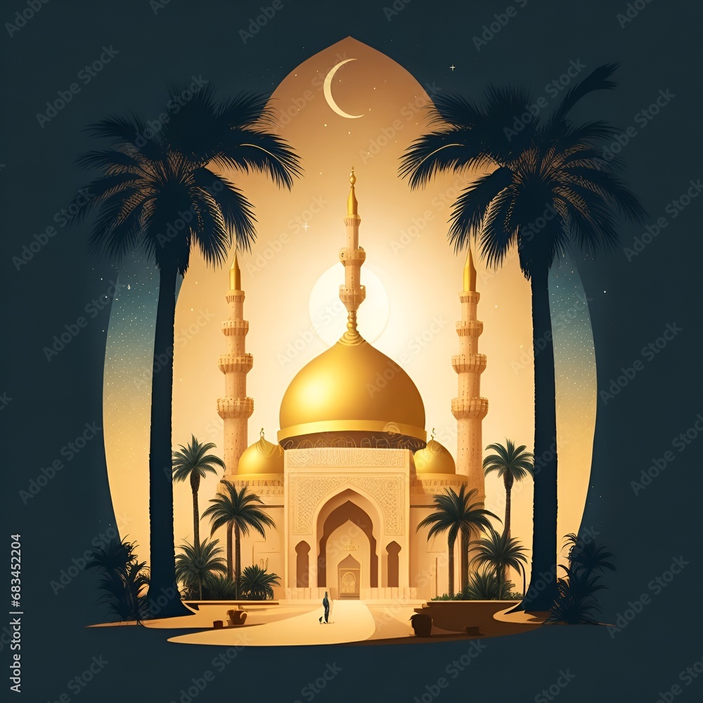 3D Islamic Mosque with a golden dome and palm trees. The mosque is ...
