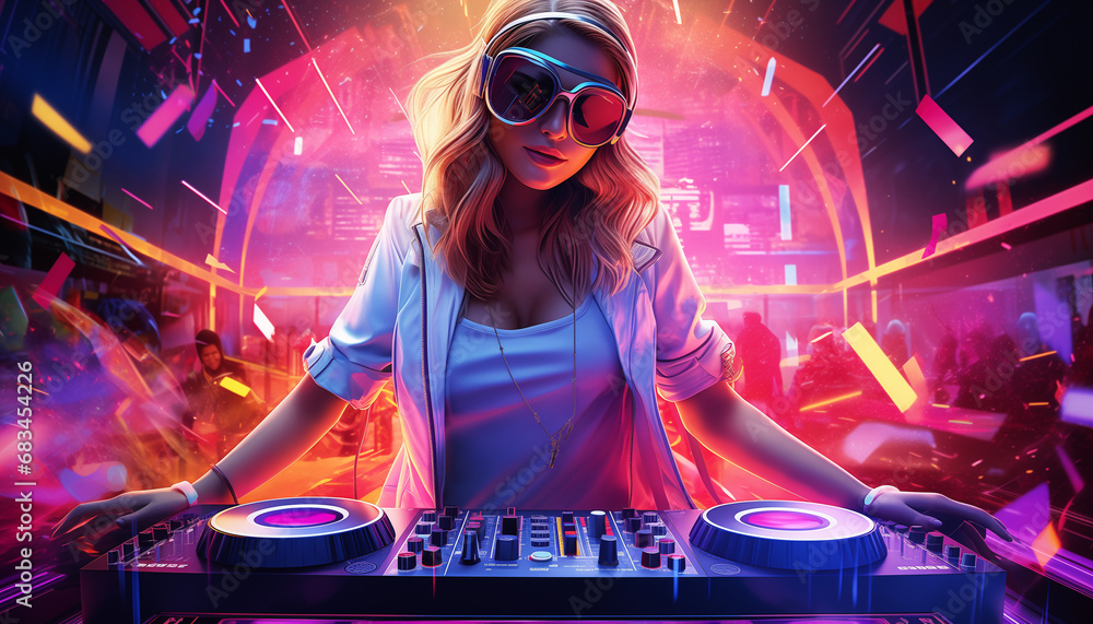 Beautiful Woman dj in the nightclub in synthwave style Stock Photo ...
