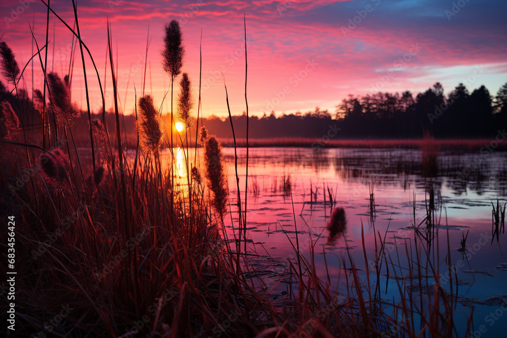 Foto de multicolor breathtaking beauty of marsh at sunrise, with first ...