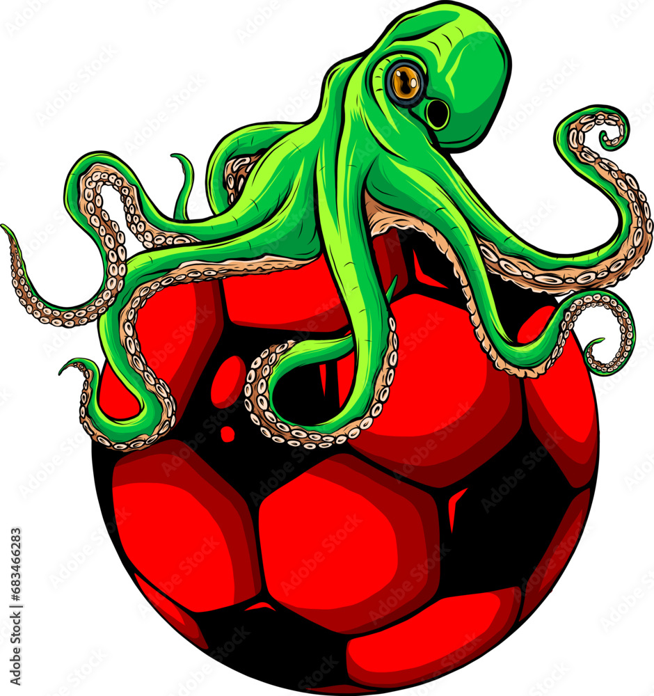 vector illustration of octopus wrapped around a soccer ball on white ...