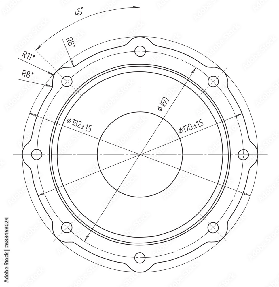 Vector engineering drawing of a steel mechanical parts with through ...