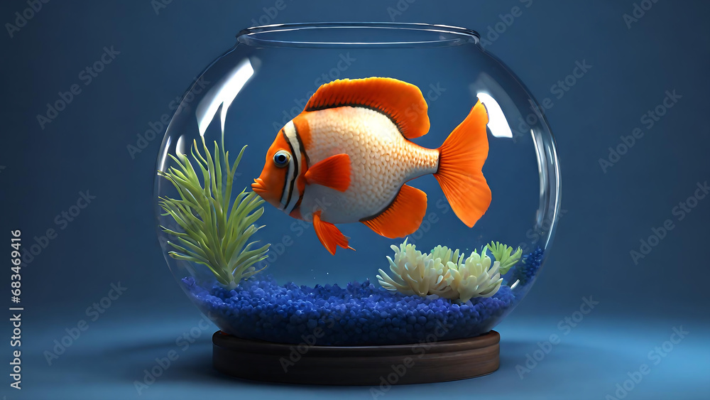 3D render of a cute tropical fish in an aquarium on a dark blue ...