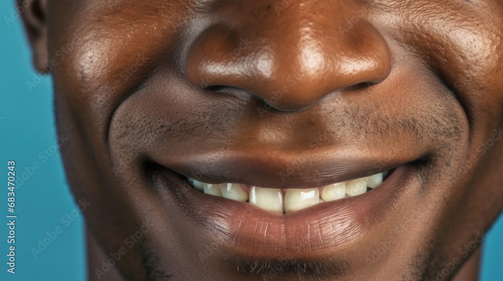 In a studio setting, a man beams with joy, revealing his perfect teeth ...