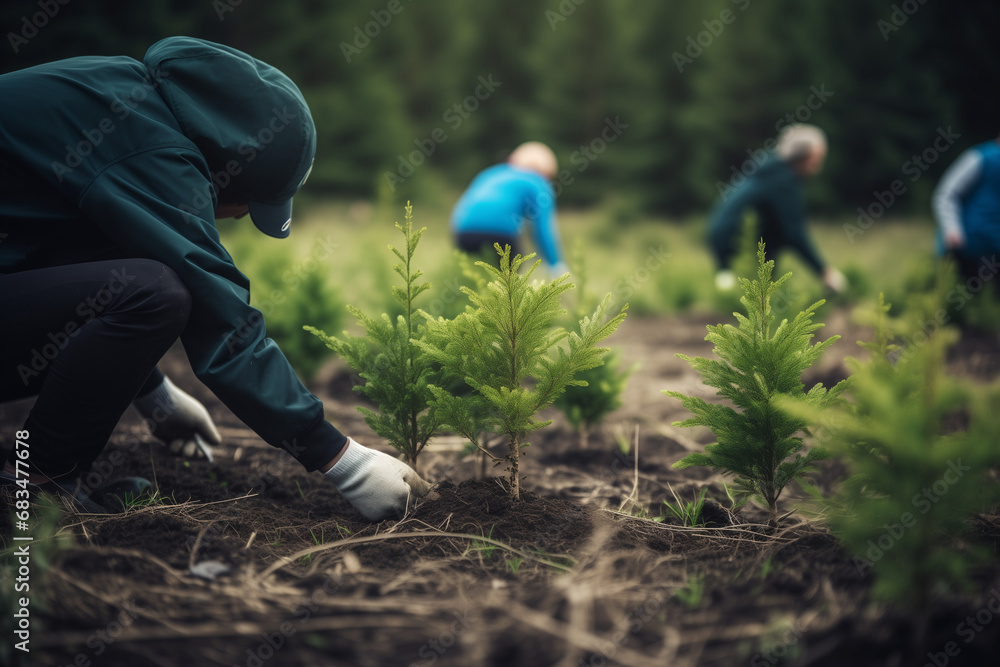People planting forest. Volunteers hands with gloves planting saplings ...