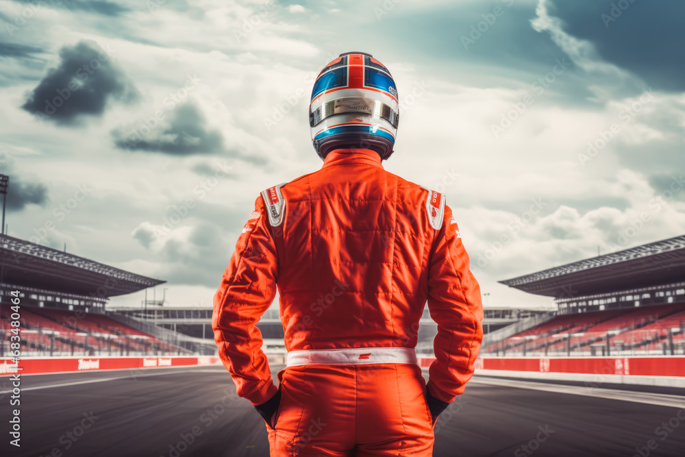 Portrait of formula one racing driver looking focus with safety helmet ...