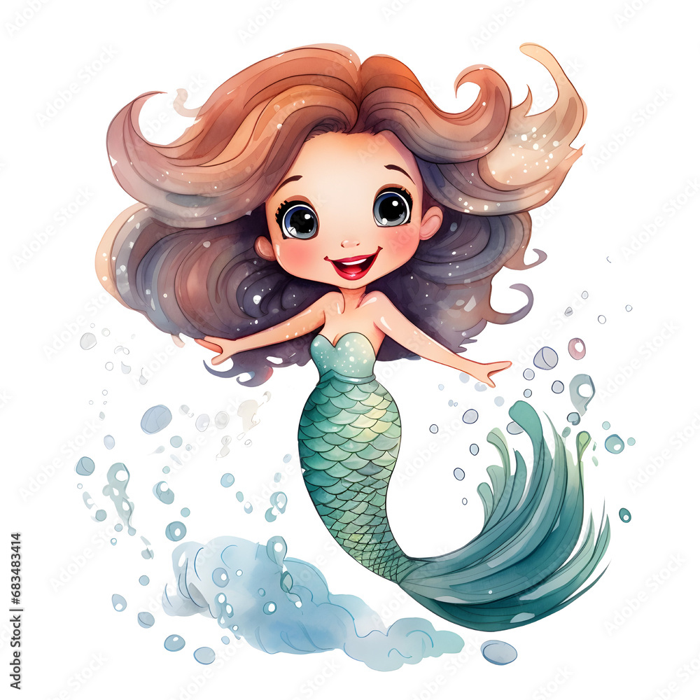 Cute cartoon little mermaid princess, cheerful little girl, white ...