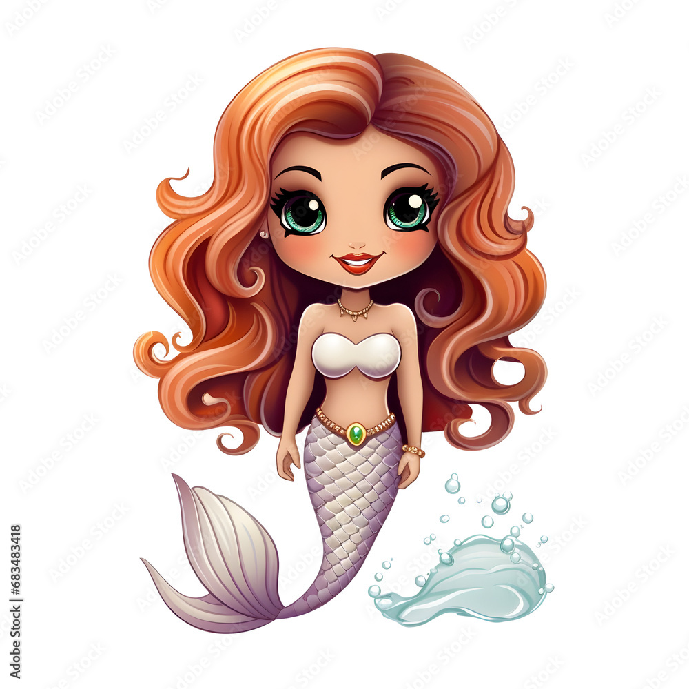 Cute cartoon little mermaid princess, cheerful little girl, white ...