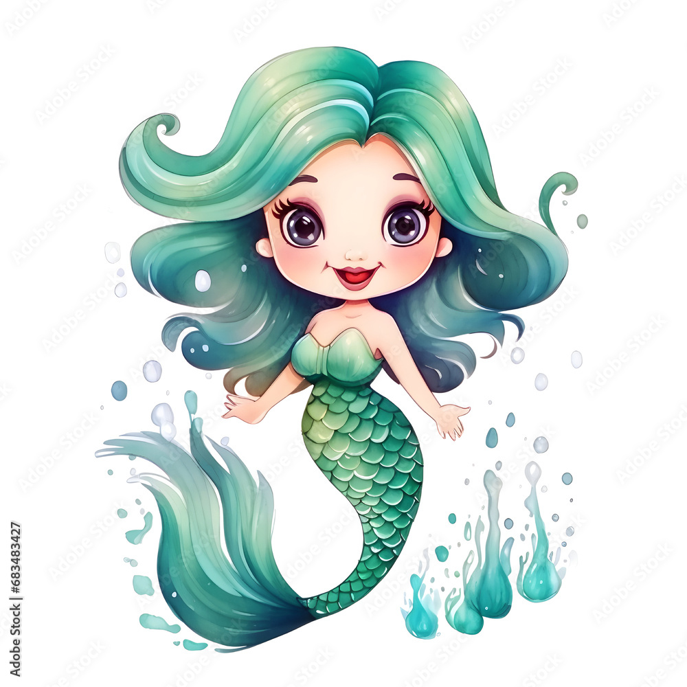Cute cartoon little mermaid princess, cheerful little girl, white ...
