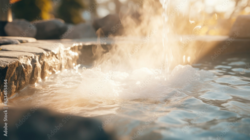 Closeup of the cascading hot spring water as it pours into the stone ...