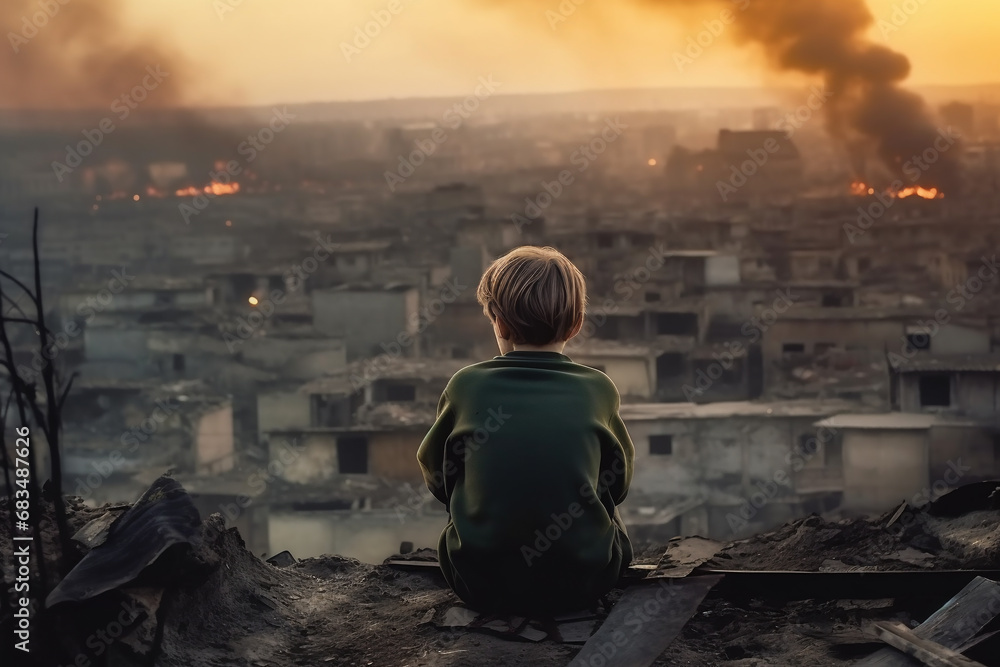 a lonely child sits with his back and sees a city destroyed by war. a ...