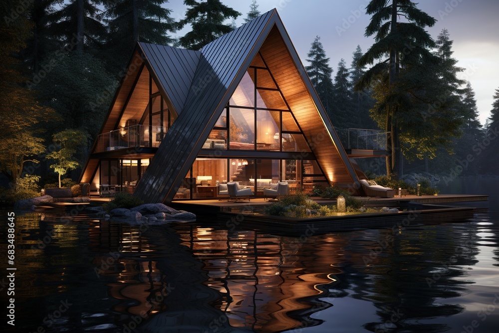 Maison moderne avec une architecture en triangle au milieu de la nature ...