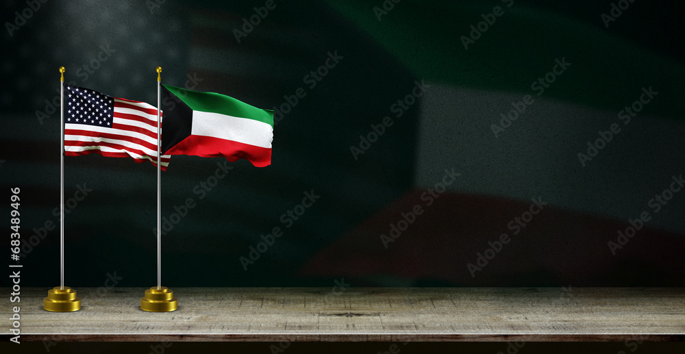 kuwait and USA flag wave on dark background. digital illustration for ...