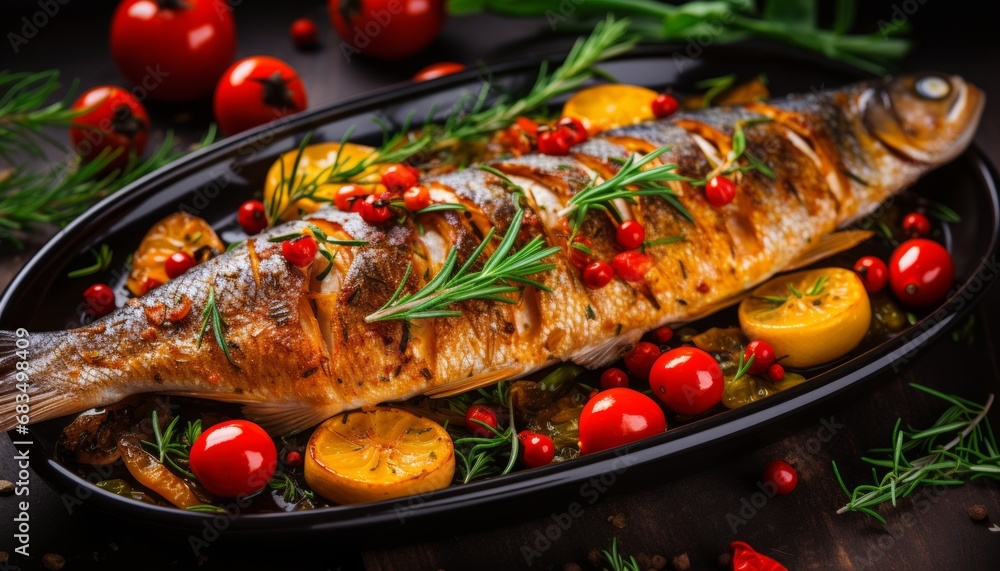 Sizzling pan roasted fish with aromatic herbs and spices a delightful ...