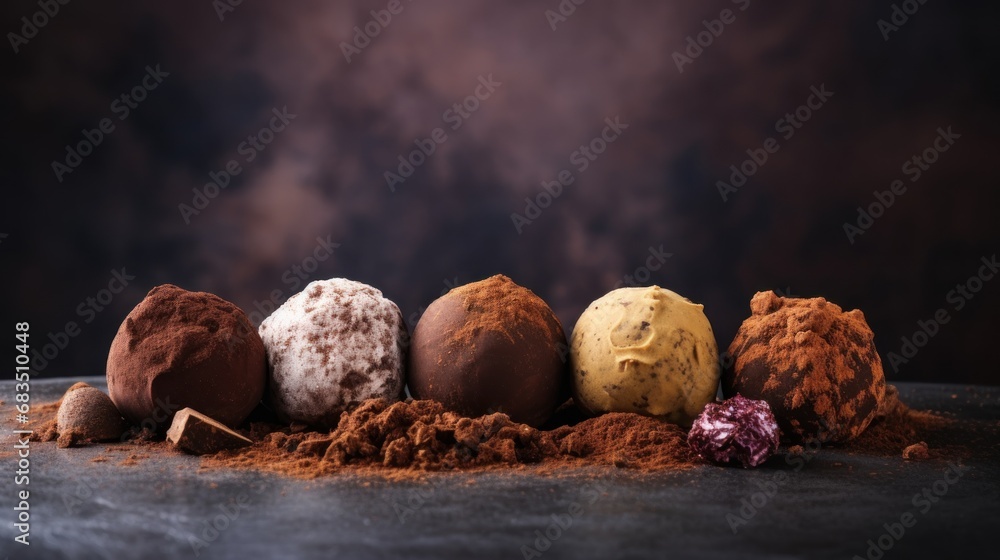 a group of different types of chocolates and powdered chocolates on a ...