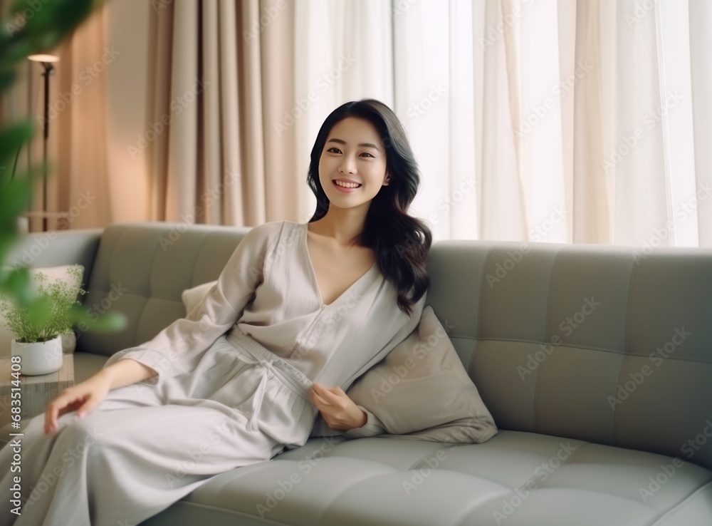 Beautiful asian woman resting on the sofa at new home. Portrait happy ...