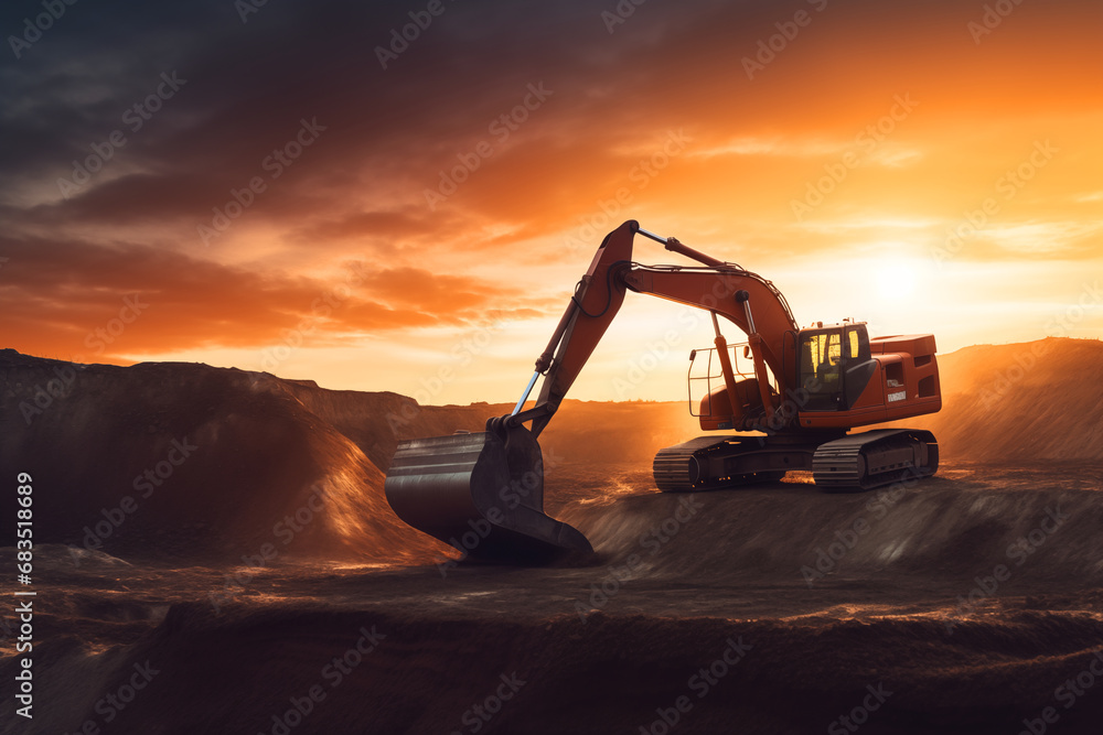 Excavator on earthmoving at open pit mining on sunset. Backhoe digs ...
