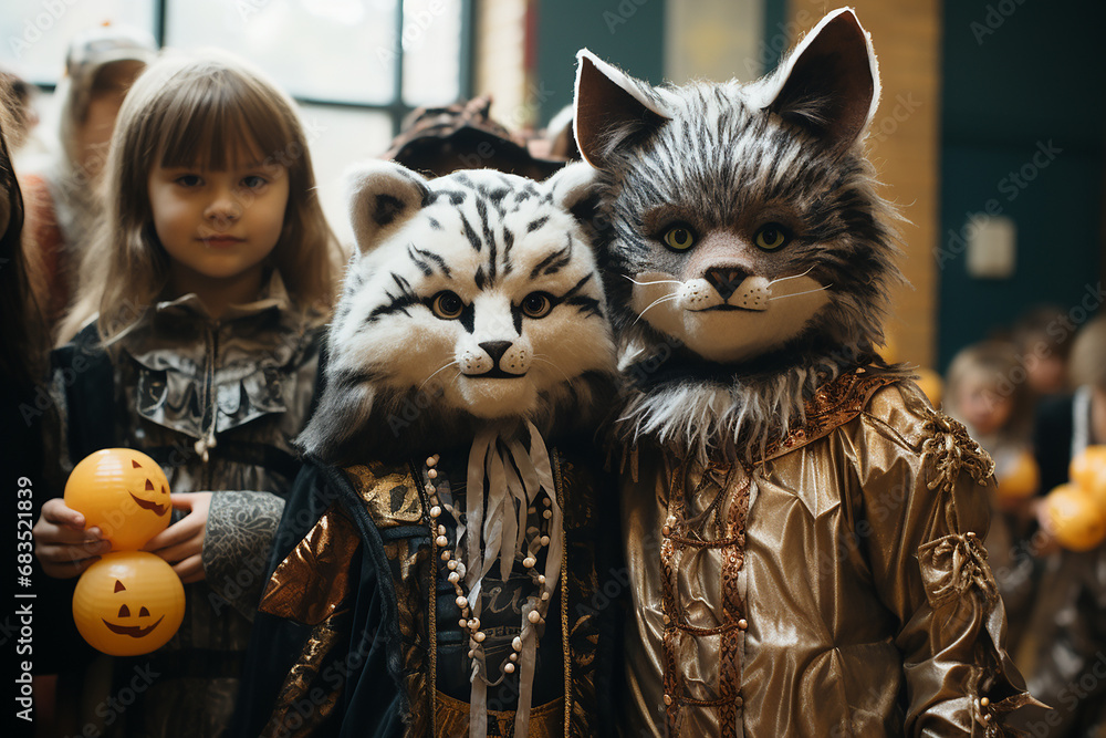 children play and run around in animal costumes, celebrate carnival ...