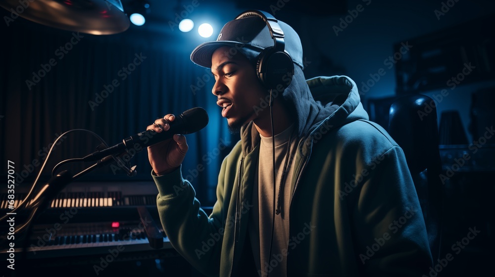 African American Rapper singing confidently in front of a microphone at ...