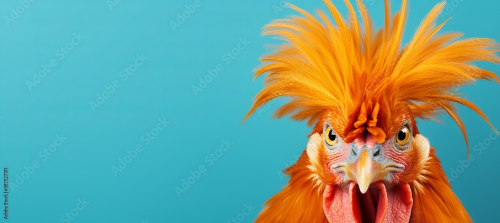 Happy chicken posing on solid pastel color background for text ...