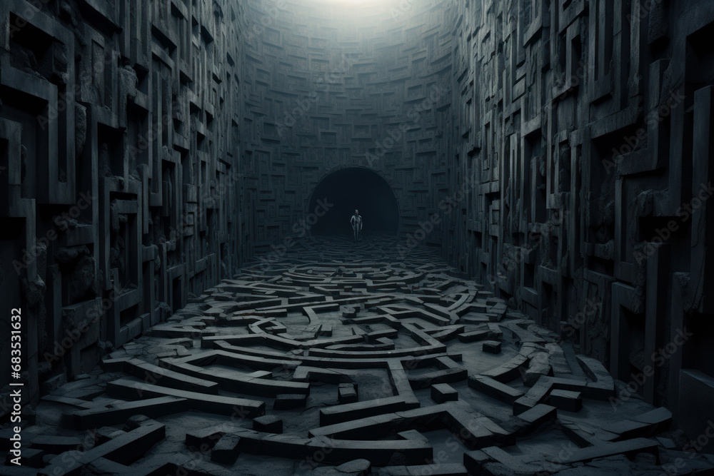 Strange scary dark room with stone floor and walls as maze, spooky ...