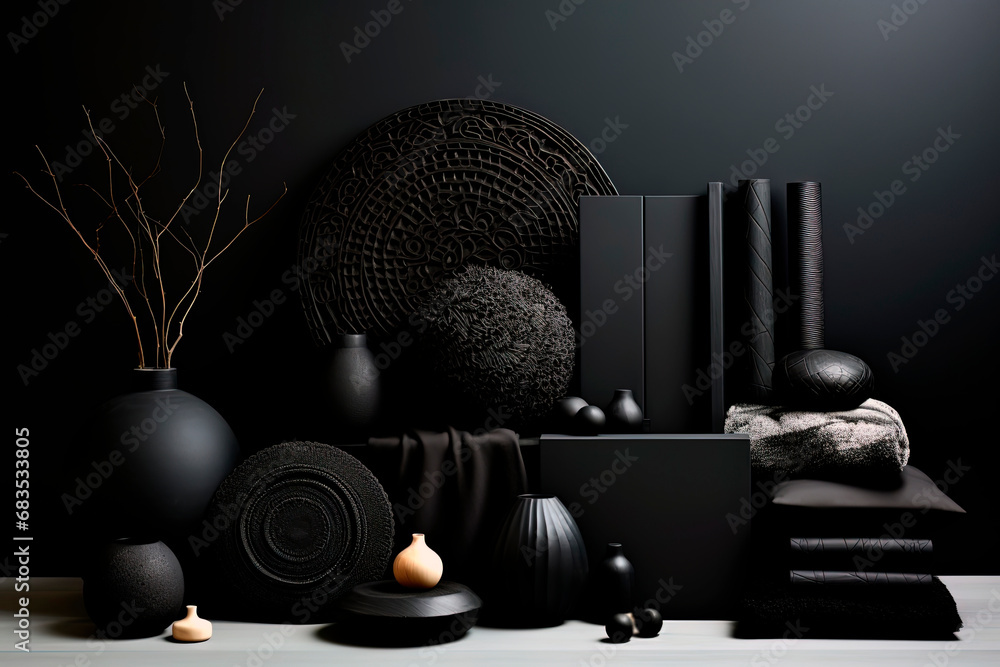 black background with a collection of black objects with different ...