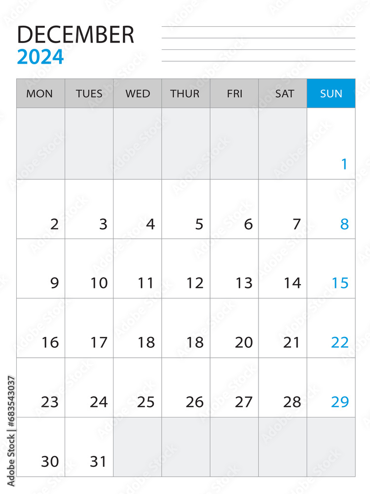 December 2024 - Calendar 2024 template vector illustration, week start ...