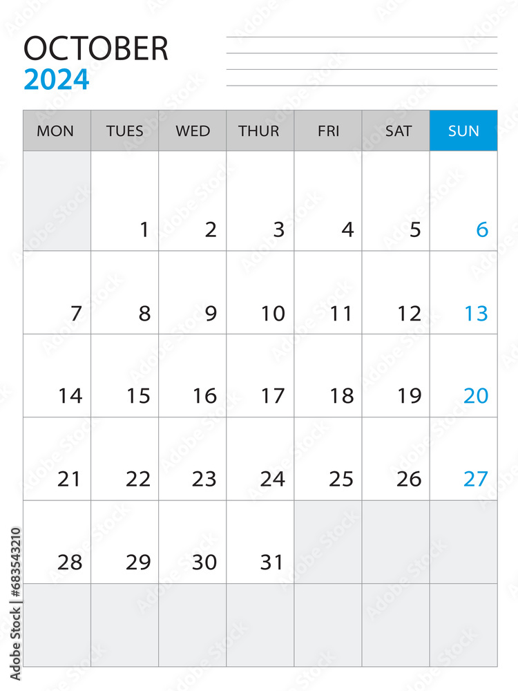 October 2024 - Calendar 2024 template vector illustration, week start ...