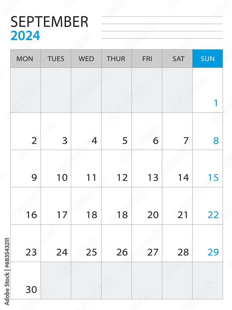 September 2024 - Calendar 2024 template vector illustration, week start ...