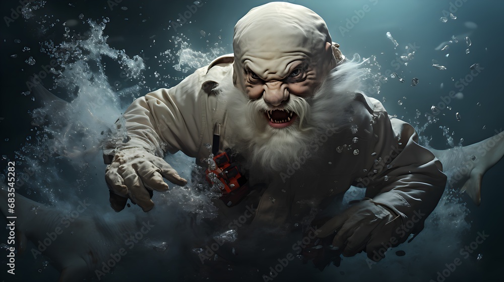 zombie-like monster with white beard and sharp teeth jumping out of ...
