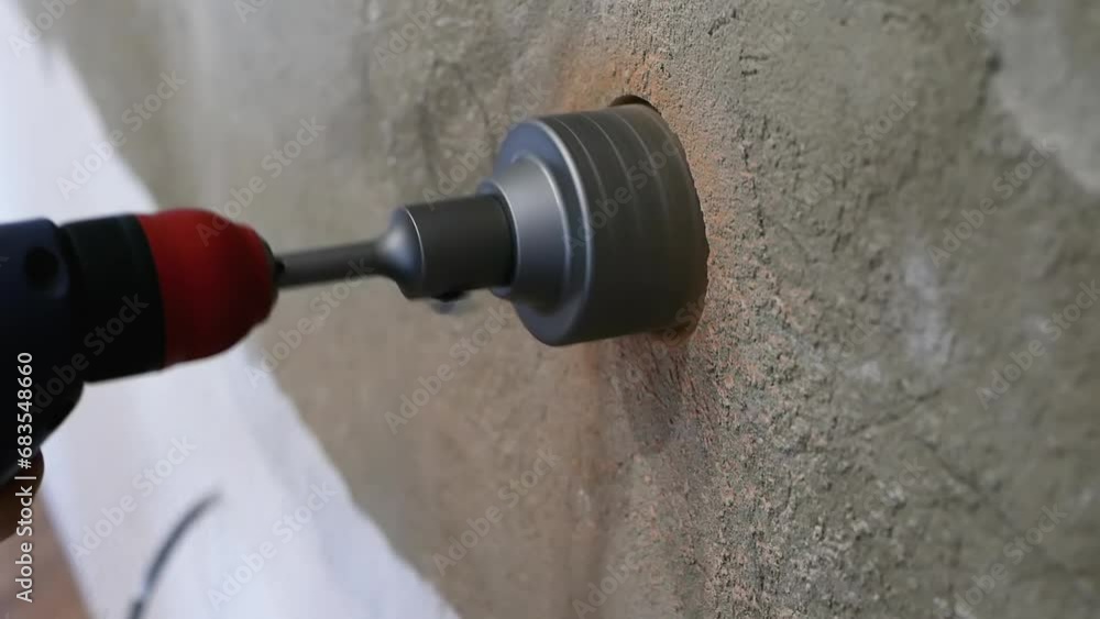 Installation of socket boxes in a brick wall. A male worker is drilling ...