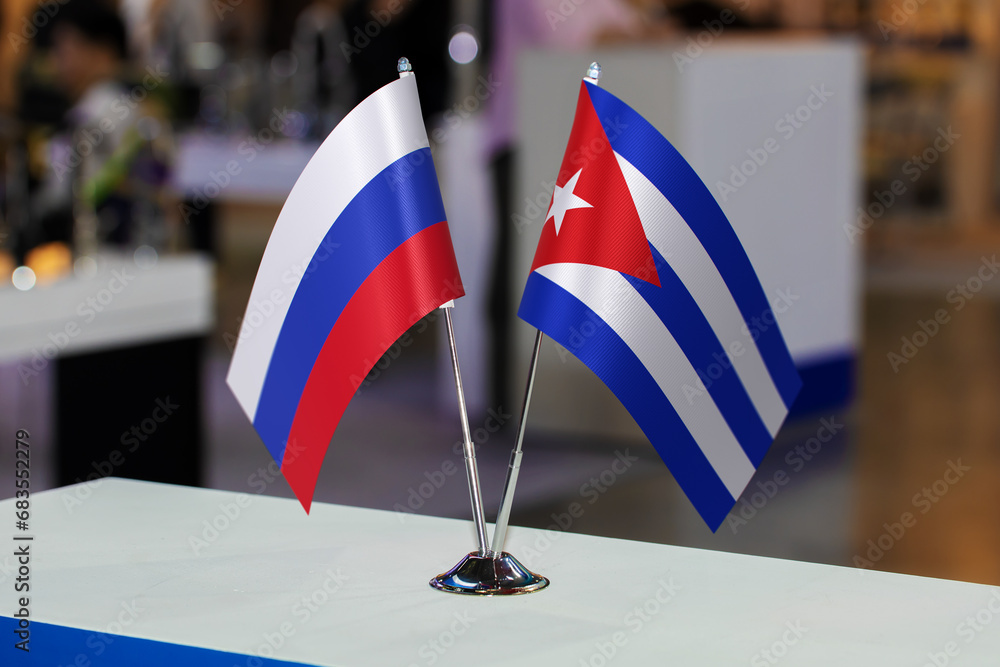 Flags of Russia and Cuba together at some event or fair. Flags of the ...