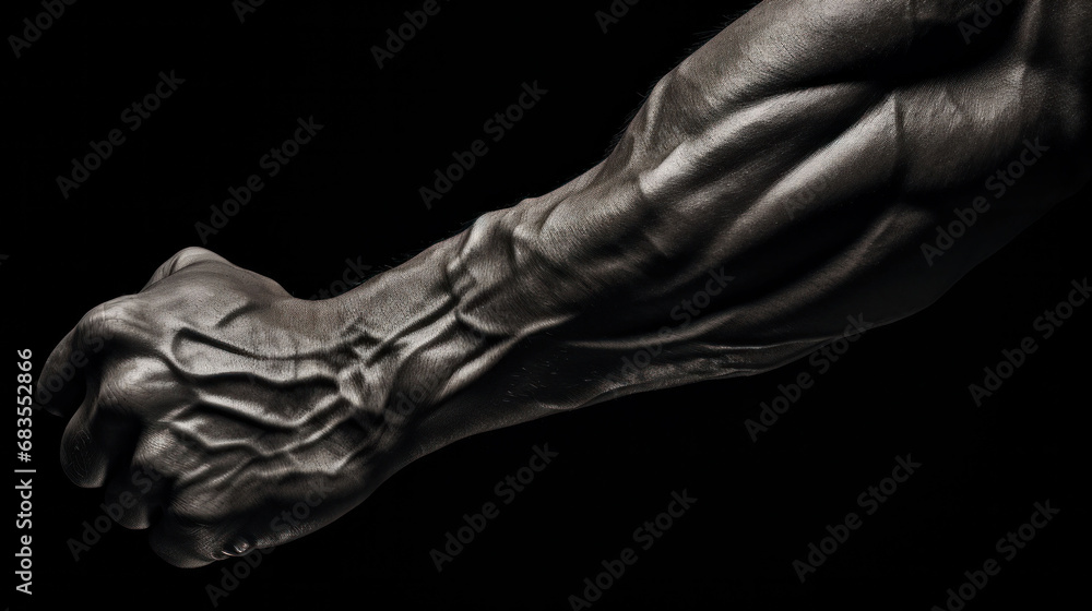 The powerful grip of a hand with prominent veins and muscles, presented ...