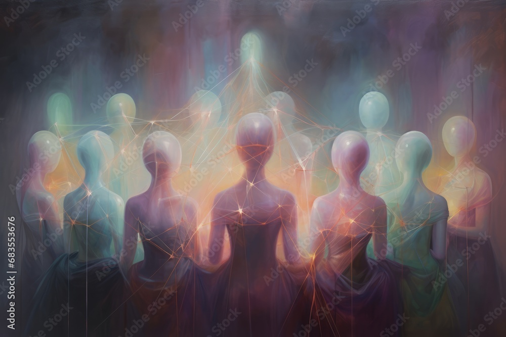 Ethereal figures connected by a network of light, symbolizing a meeting ...