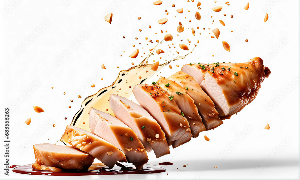 Filé de peito de frango cortado, torrado e fresco com splash de óleo ...