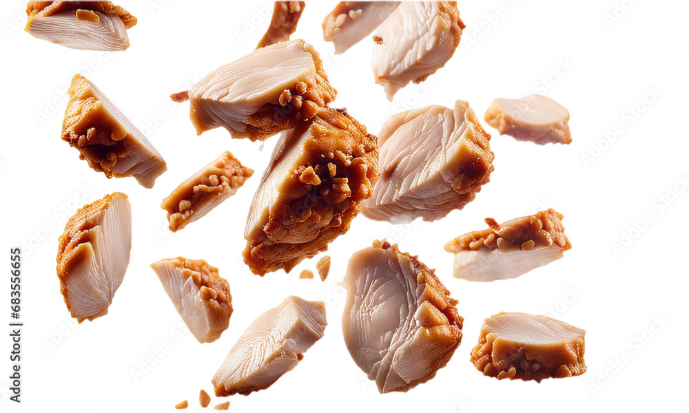 Filé de peito de frango cortado, torrado caindo. Delicioso filé de ...