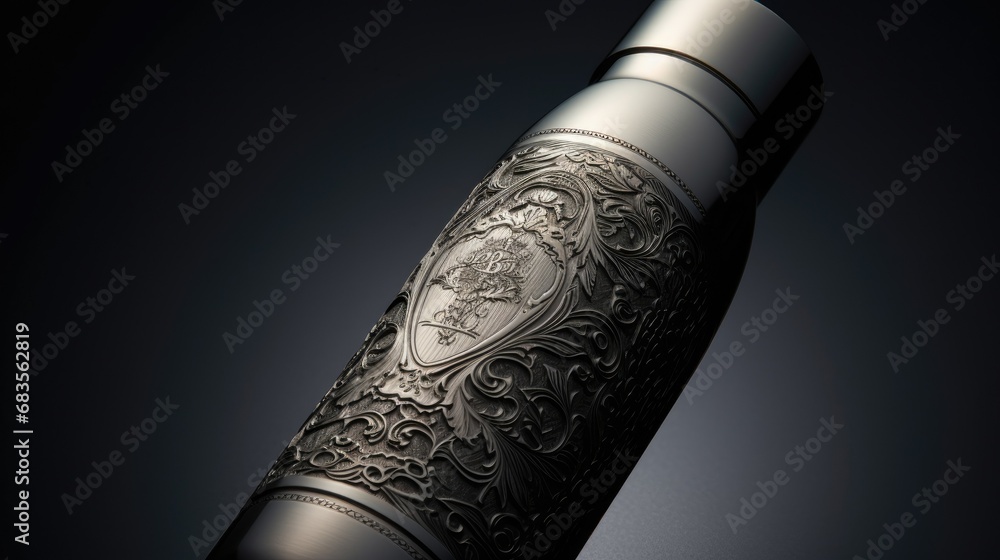 A high-resolution stock image of a sleek, matte bottle with intricate ...