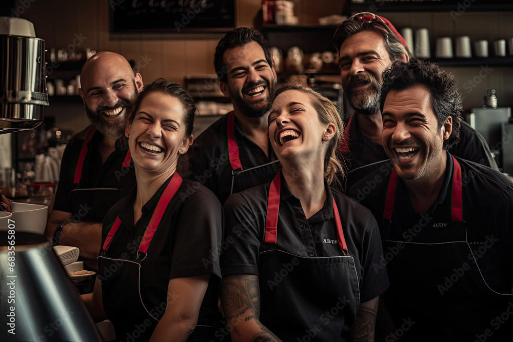 group of coffee baristas, frontline staff, restaurant servers, smiling ...