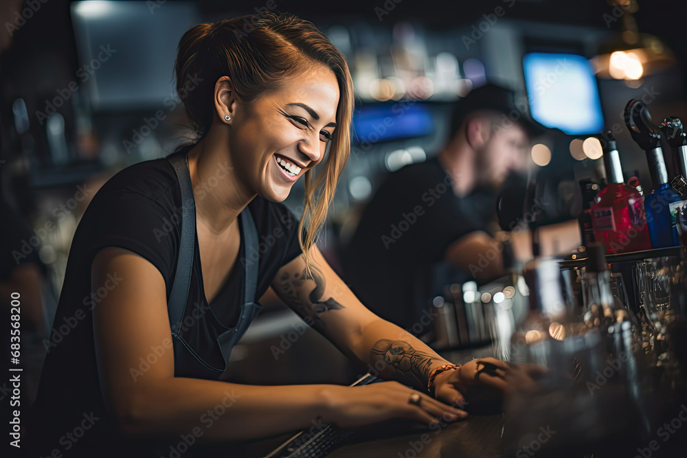 attractive bartender serving drinks in a pub, sports bar, restaurant ...