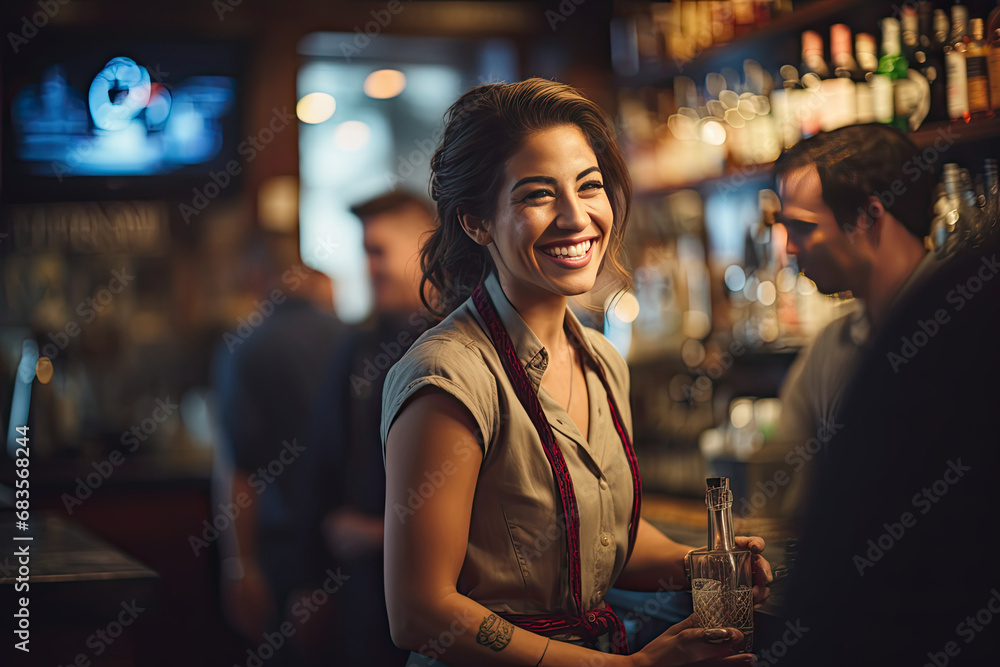 attractive bartender serving drinks in a pub, sports bar, restaurant ...